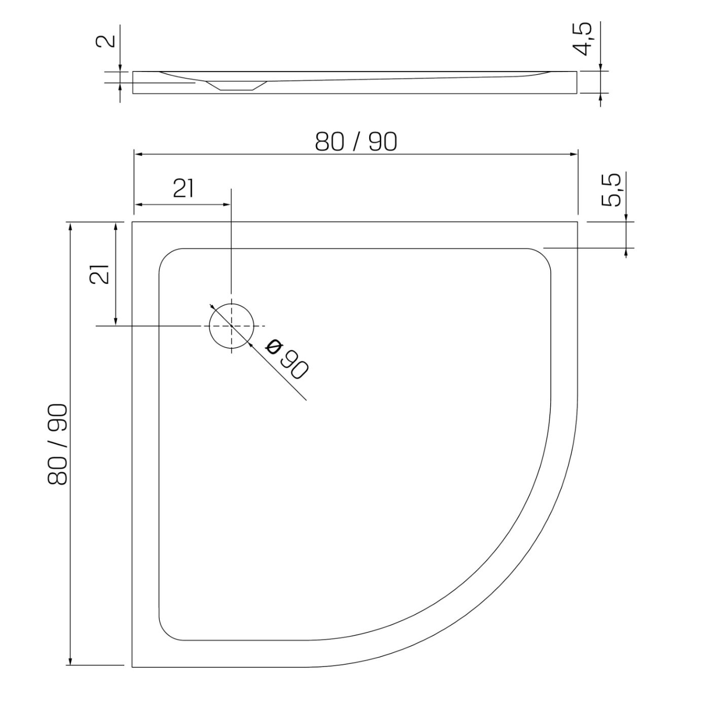 Dusjkar 80x80x4,5 MILD™ Kvadrant Hvit